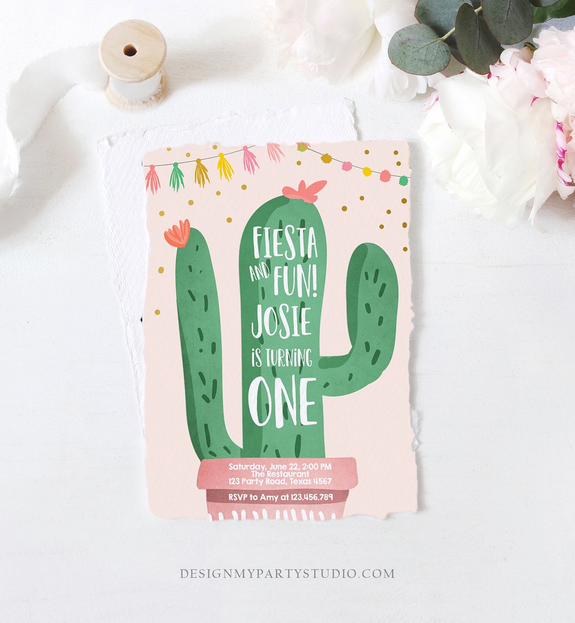 Editable Cactus Fiesta Birthday Invitation Girl Pink First | Etsy