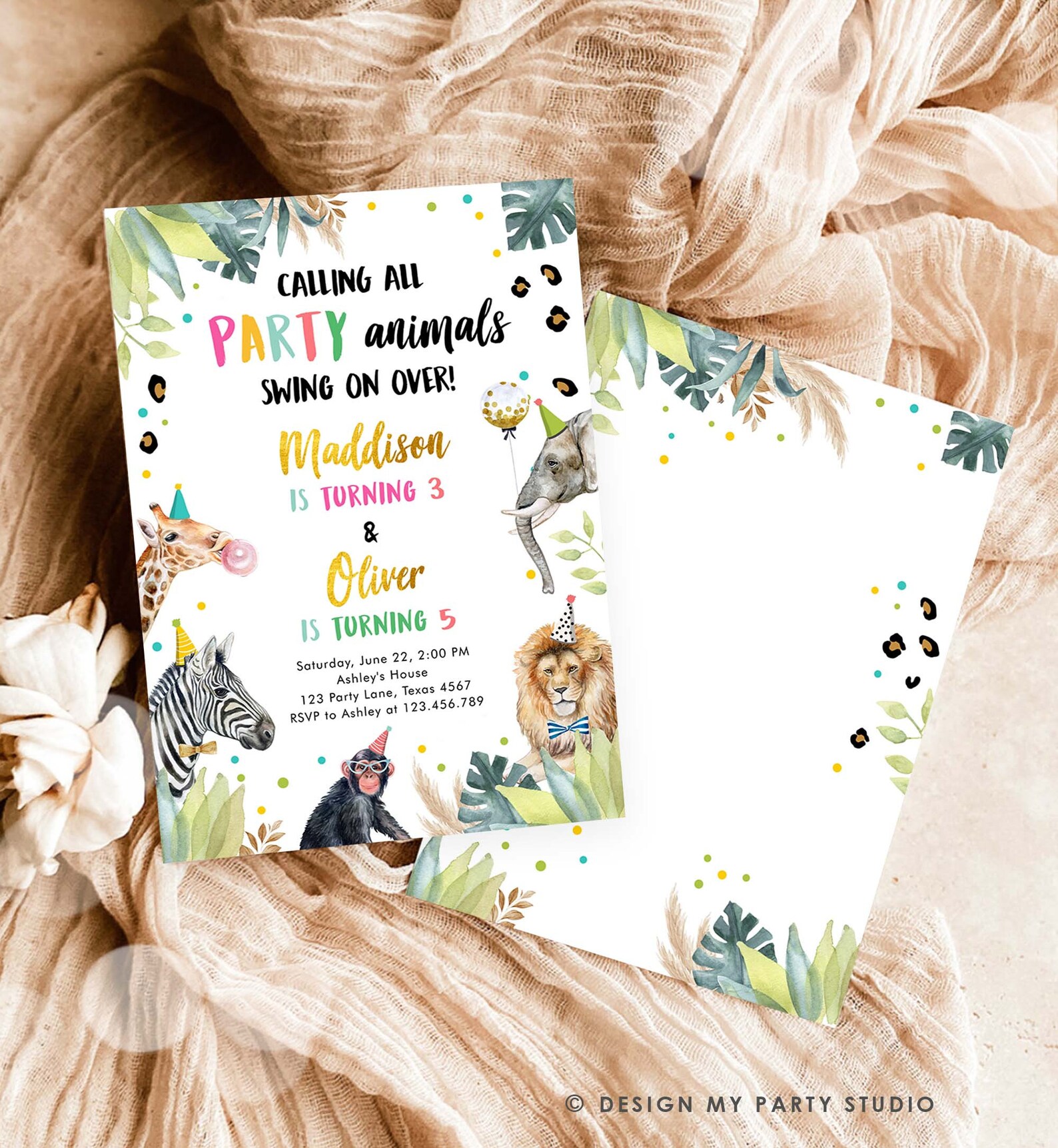 Editable Party Animals Joint Birthday Invitation Wild One Zoo Safari ...