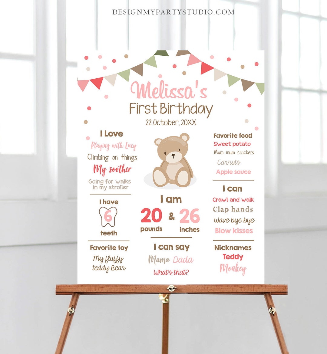 Editable Teddy Bear Birthday Milestones Sign Teddy Bear Picnic Birthday ...