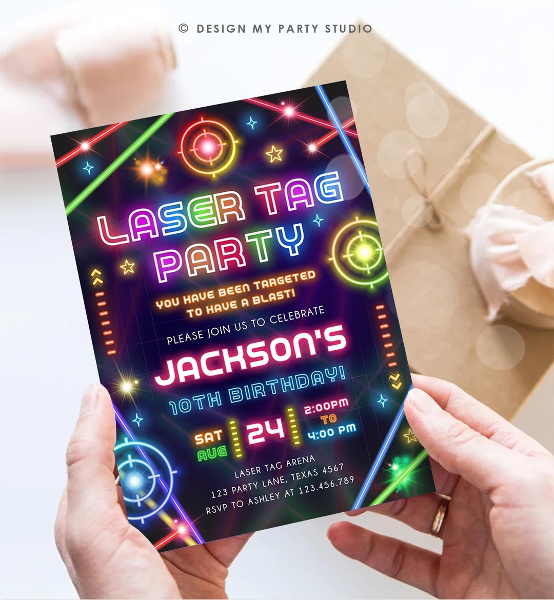 Editable Laser Tag Party Birthday Invitation Animals Neon Glow Arcade ...