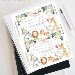 Adopt an Animal Adoption Certificate Safari Animals Adoption Wild One ...