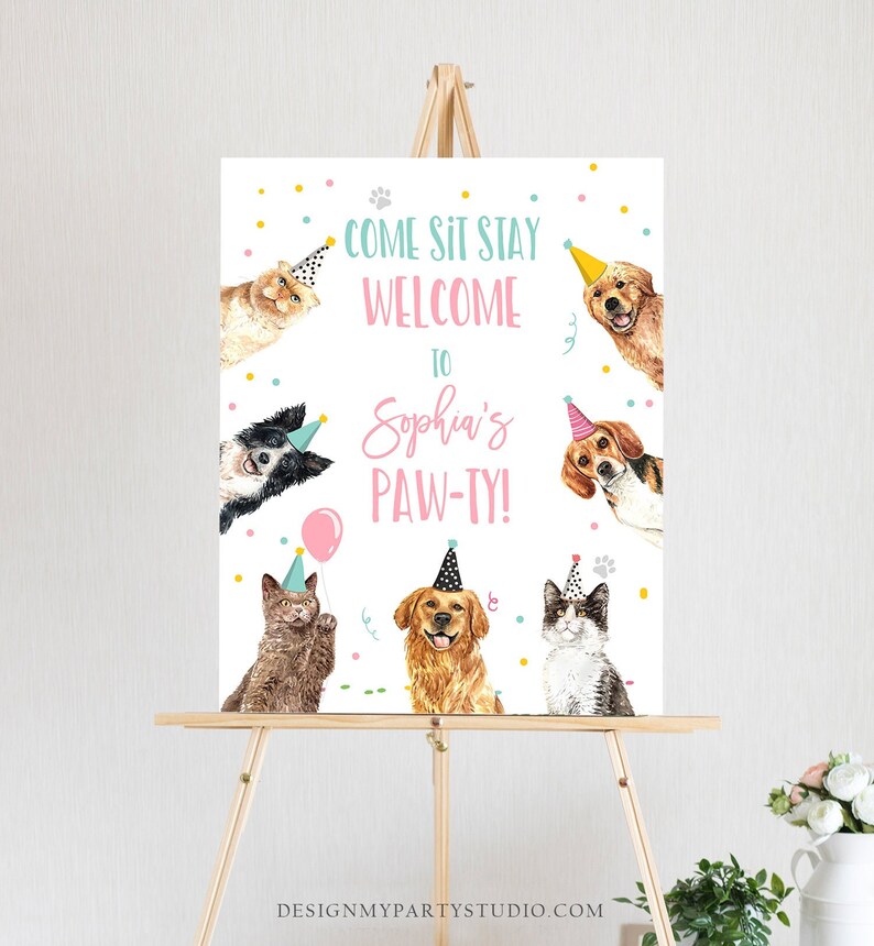 Editable Cats and Dogs Birthday Party Welcome Sign Puppy Kitten ...