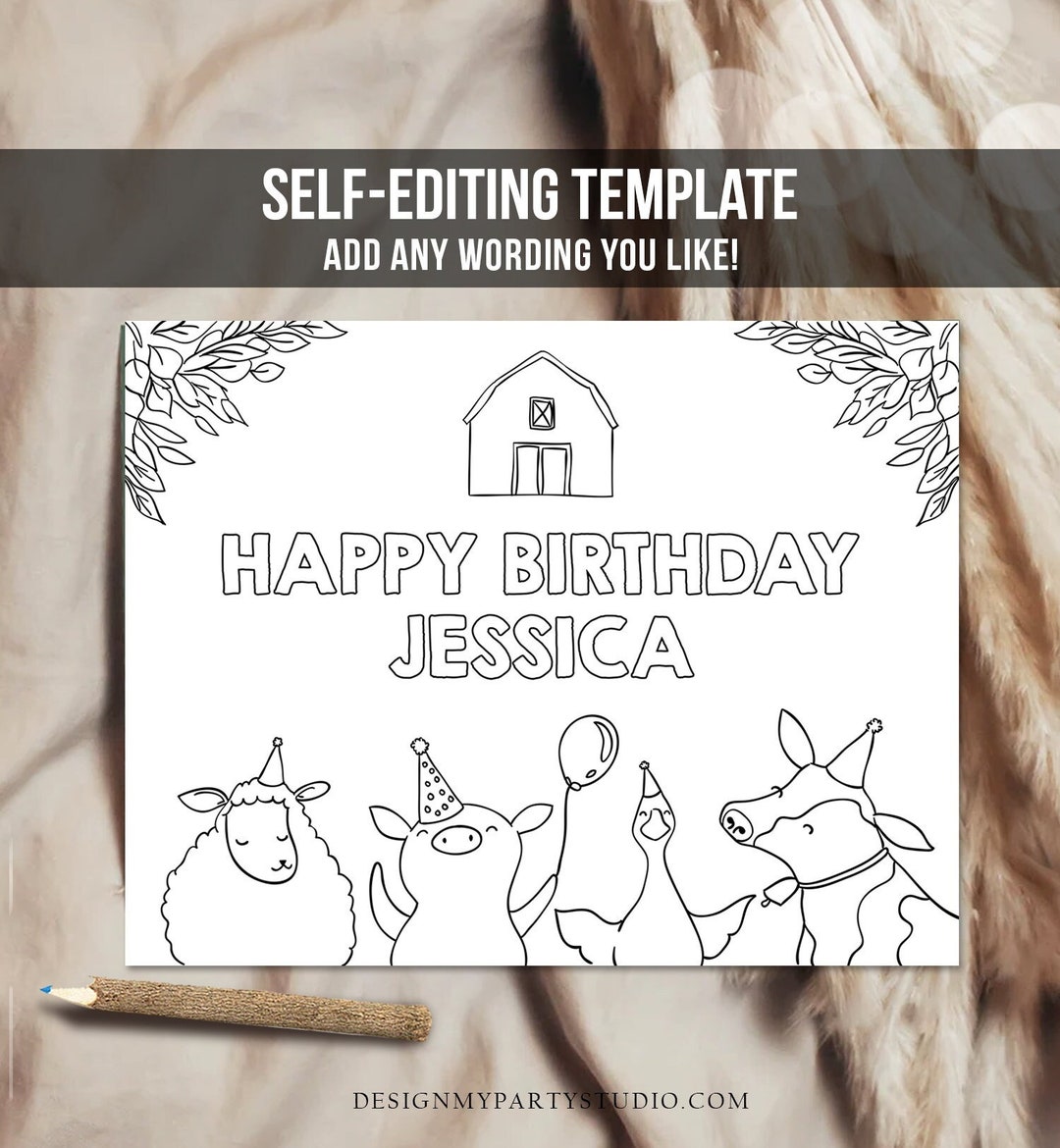 Editable Coloring Page Farm Animals Birthday Party Activity Game Farm ...