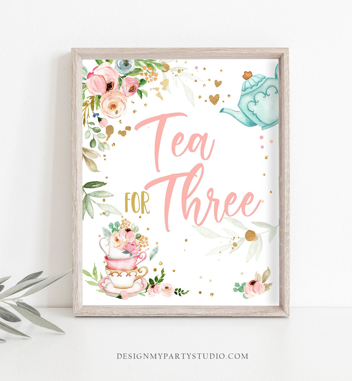 Tea for Three Party Sign Tea 3rd Birthday Sign Pink Gold - Etsy
