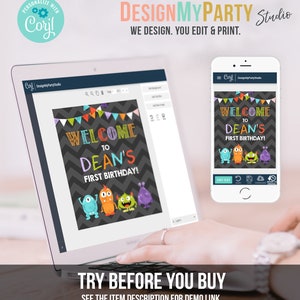Editable Monsters Welcome Sign Boy Birthday Party Monster Bash First ...