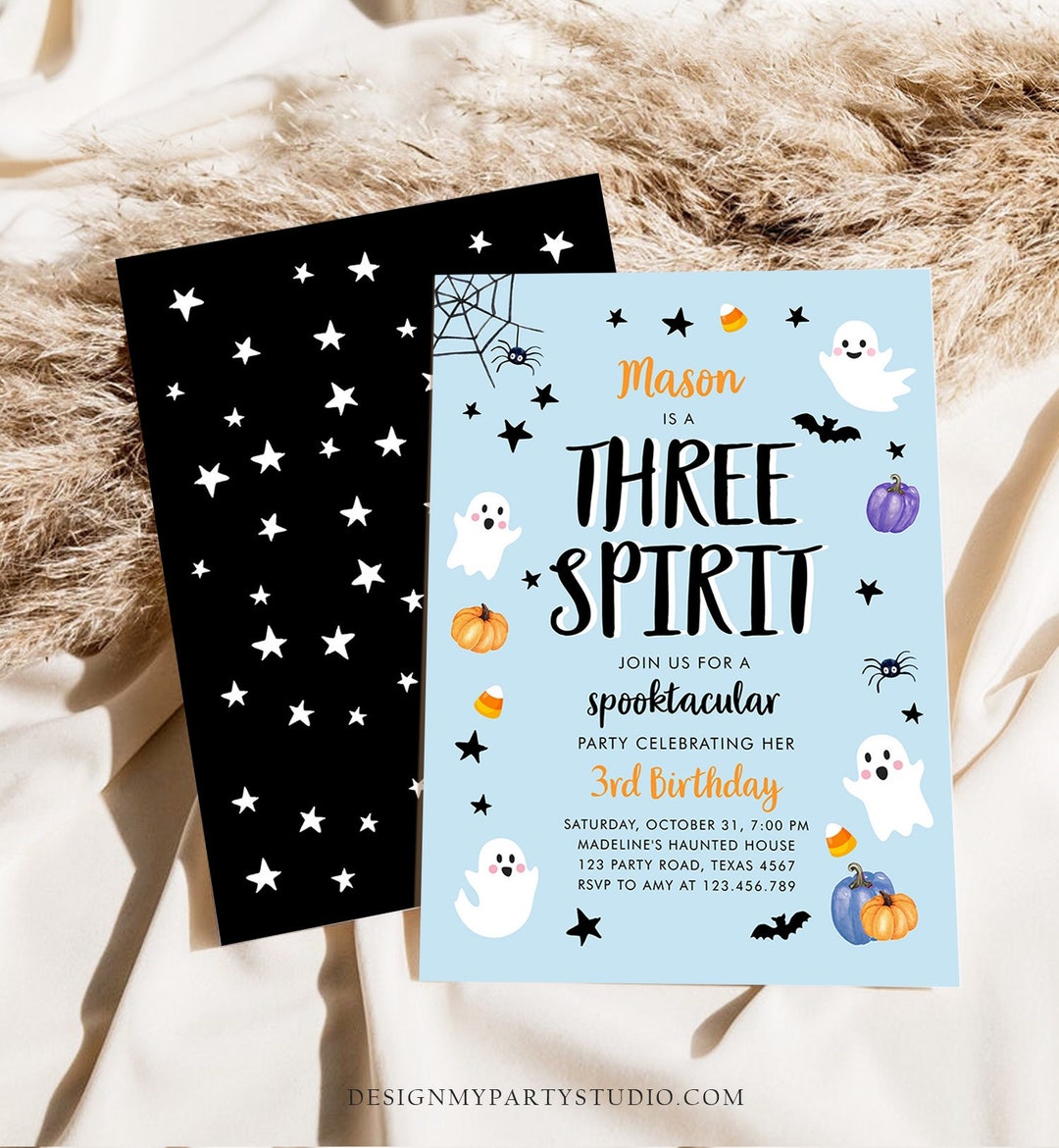 Editable Halloween Birthday Invitation Boy Blue Ghost Three Spirit 3rd ...