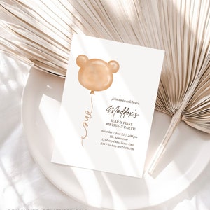 Editable Bear Birthday Invitation Bear Balloon Modern Teddy Bears ...