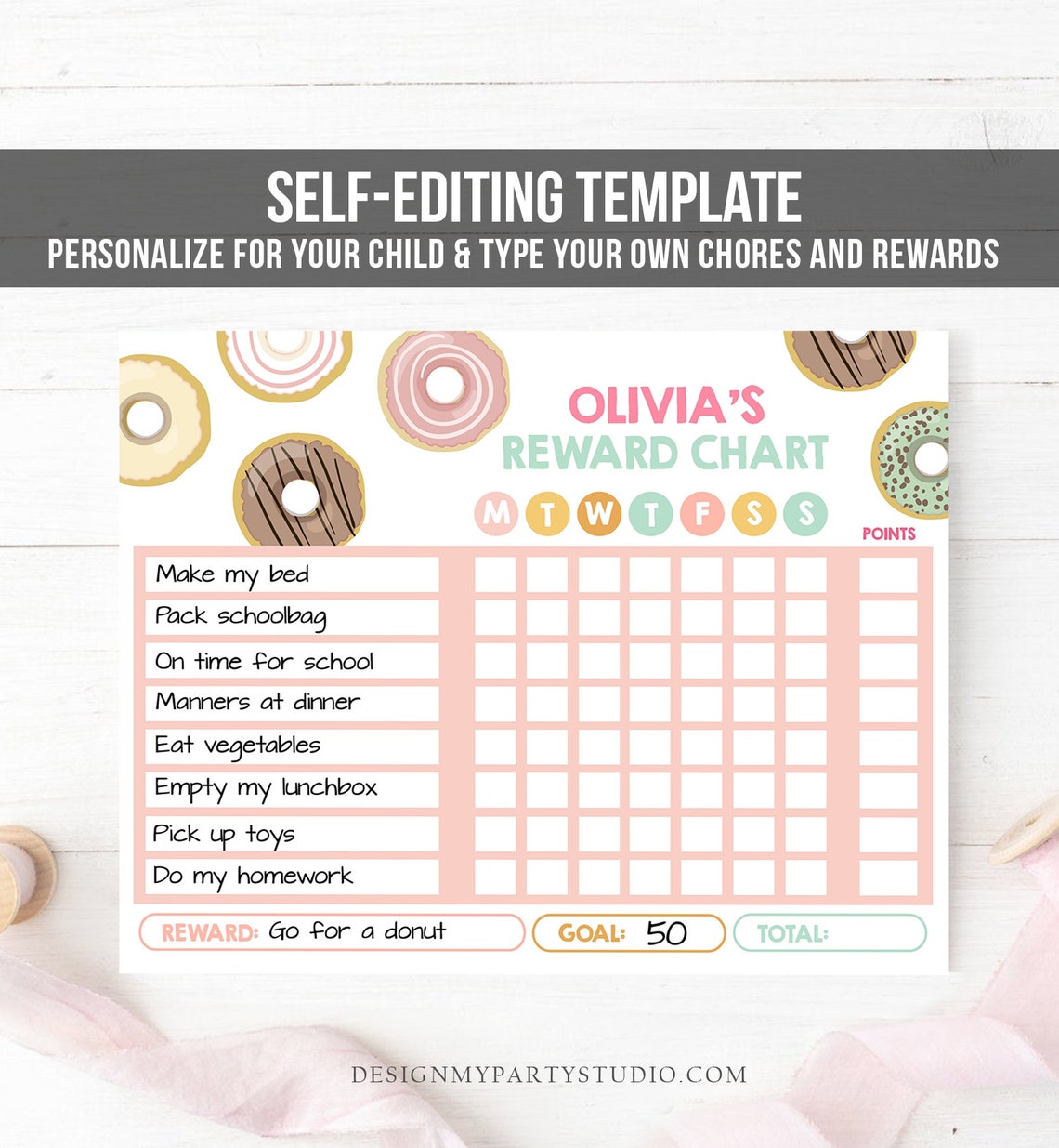 Editable Donut Reward Chart for Girls Printable Donut Chore - Etsy