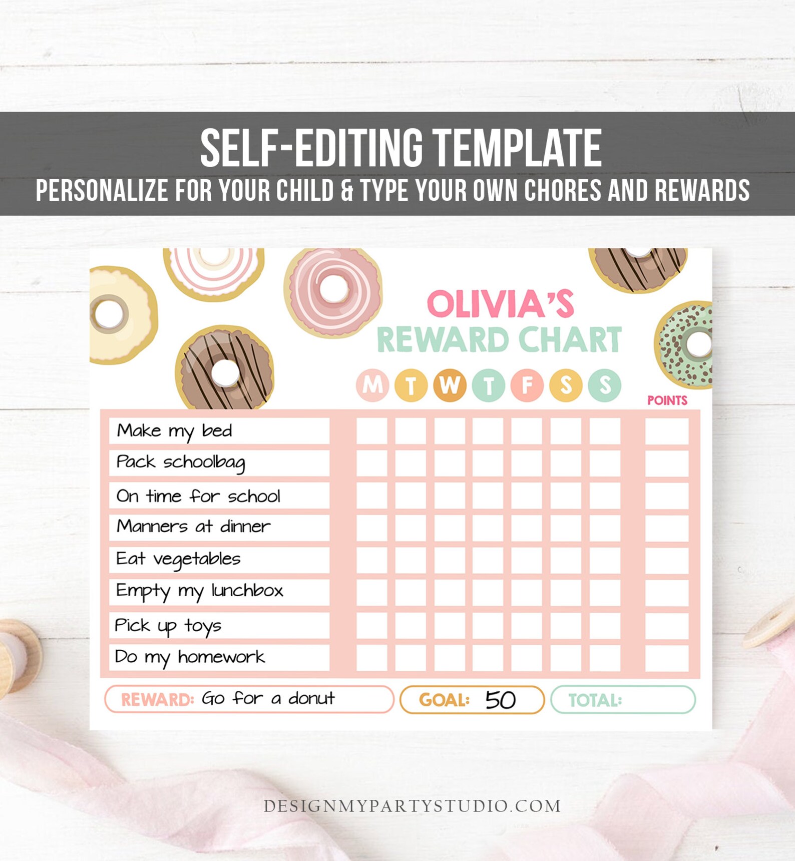 Editable Donut Reward Chart for Girls Printable Donut Chore - Etsy