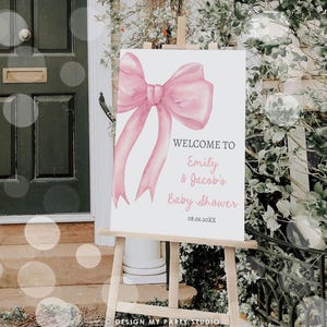 Editable Pink Bow Welcome Sign Baby Shower Girl Blush Pink Coquette ...