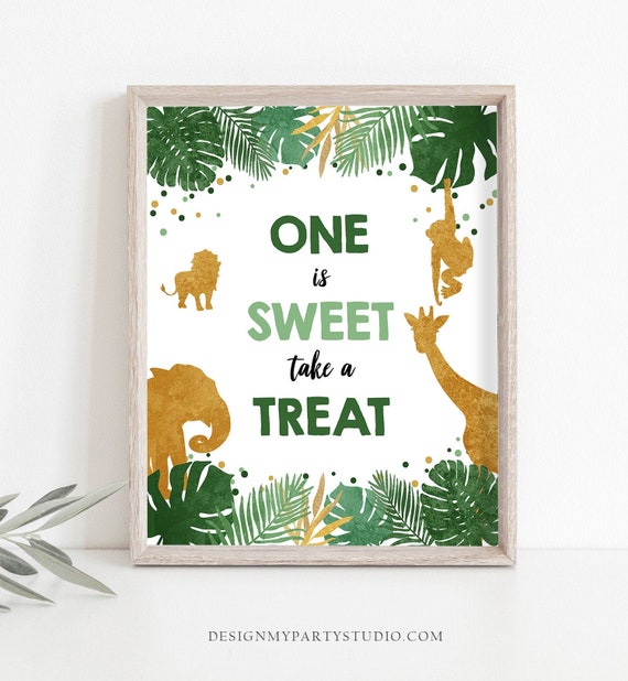 One is Sweet Take a Treat First Birthday Sign Boy Safari Animals Party ...
