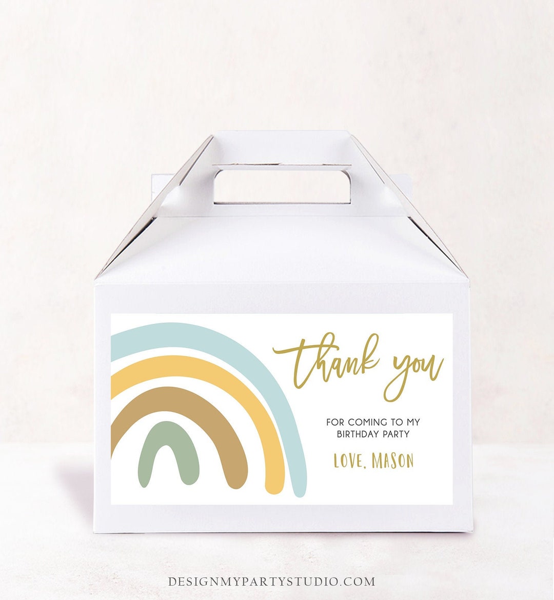 Editable Rainbow Gable Gift Box Label Muted Rainbow Birthday Party Boy ...