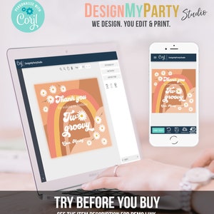 Editable Two Groovy Favor Tags Retro Daisy Birthday Thank You Sticker ...