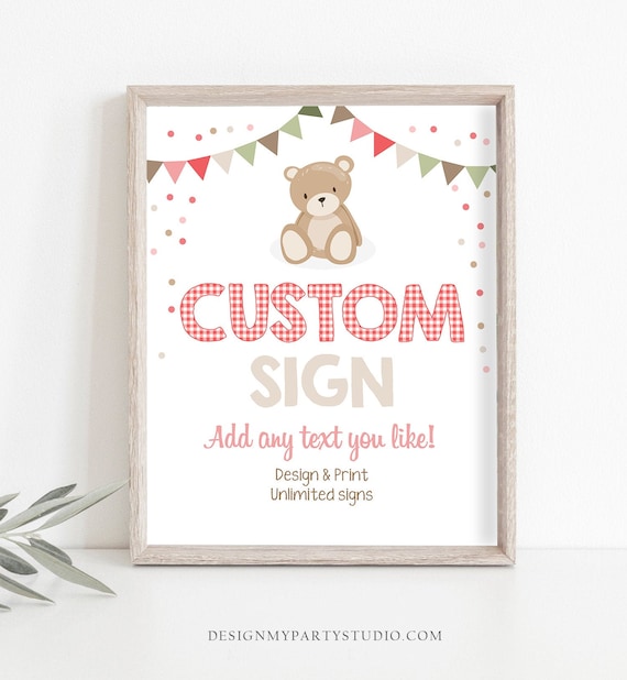 Editable Custom Sign Teddy Bear Picnic Birthday Baby Shower Girl Pink ...