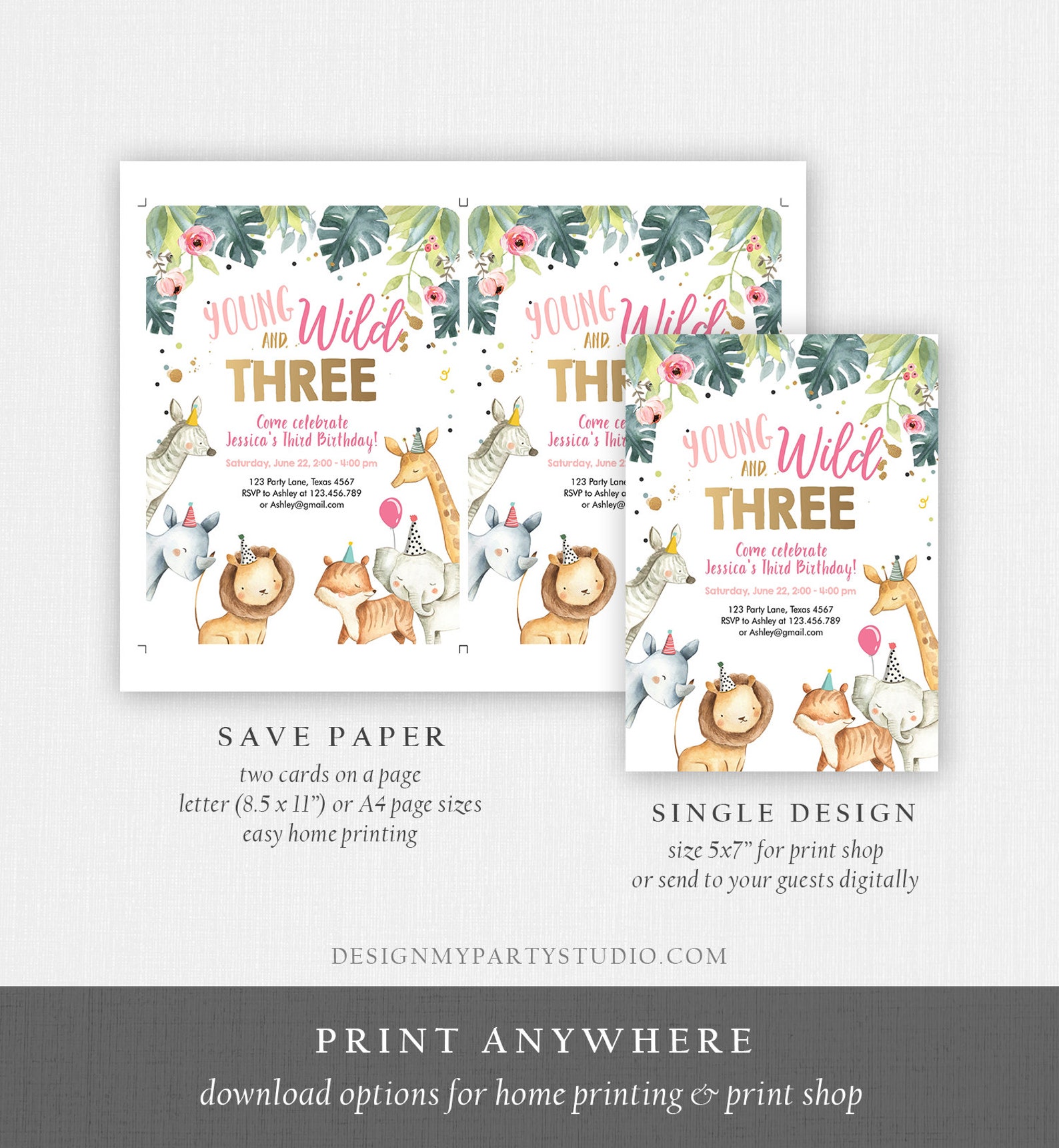 Editable Young Wild and Three Invitation Girl Pink and Gold - Etsy