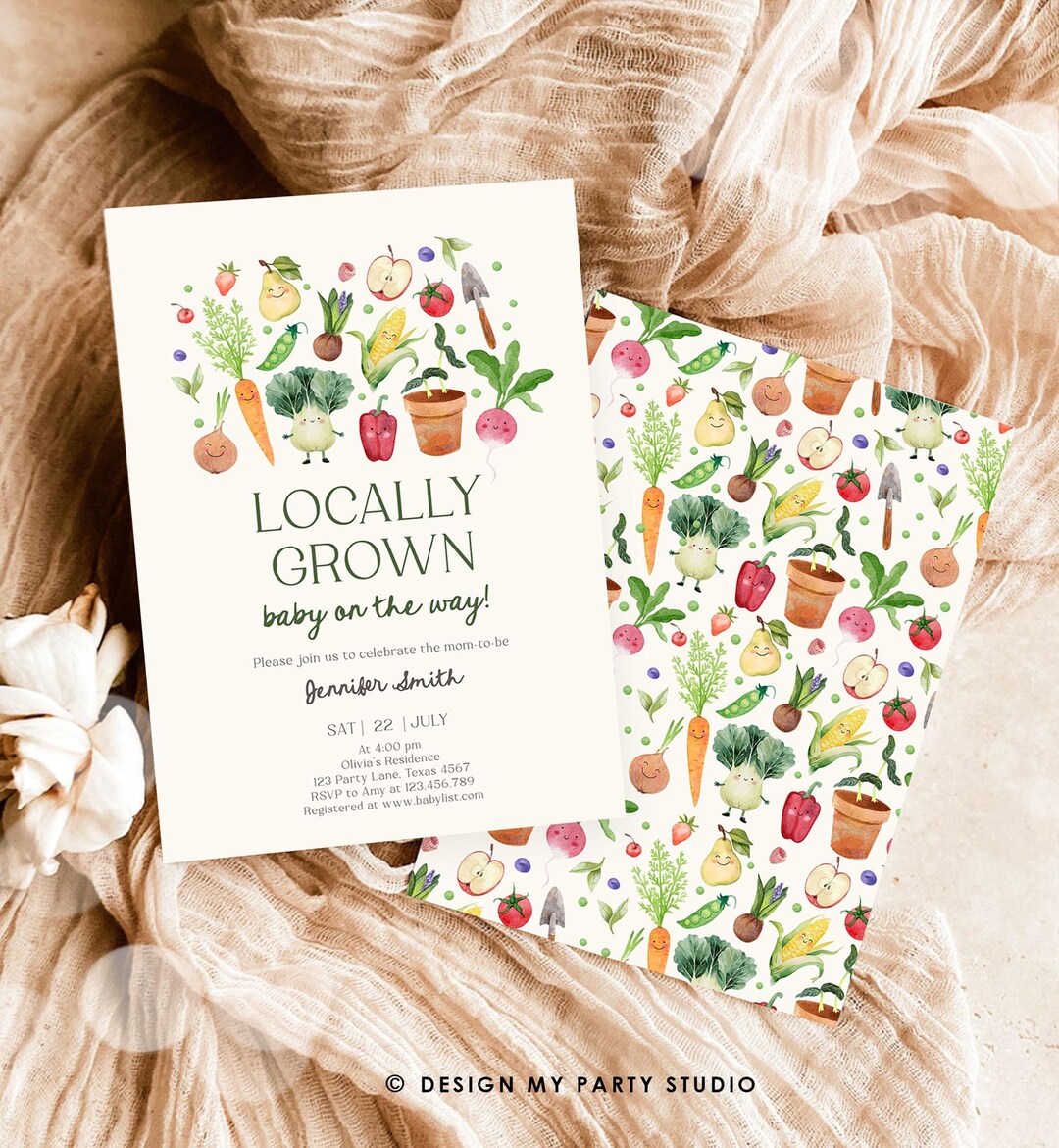 Editable Locally Grown Baby Shower Invitation Farmers Market Fruits and ...