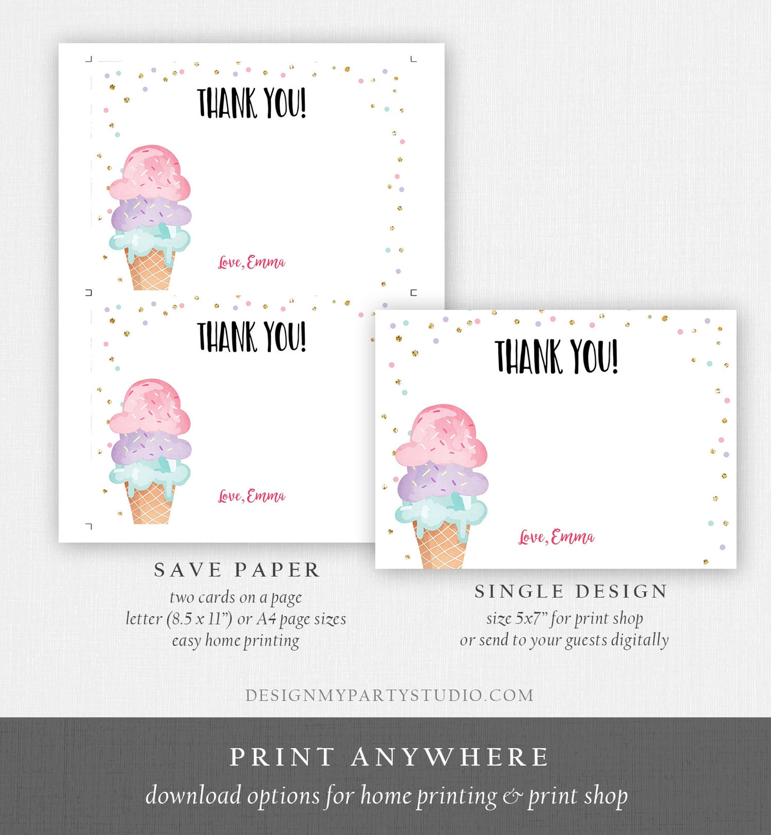 Editable Ice Cream Thank You Card Ice Cream Birthday Thank You - Etsy