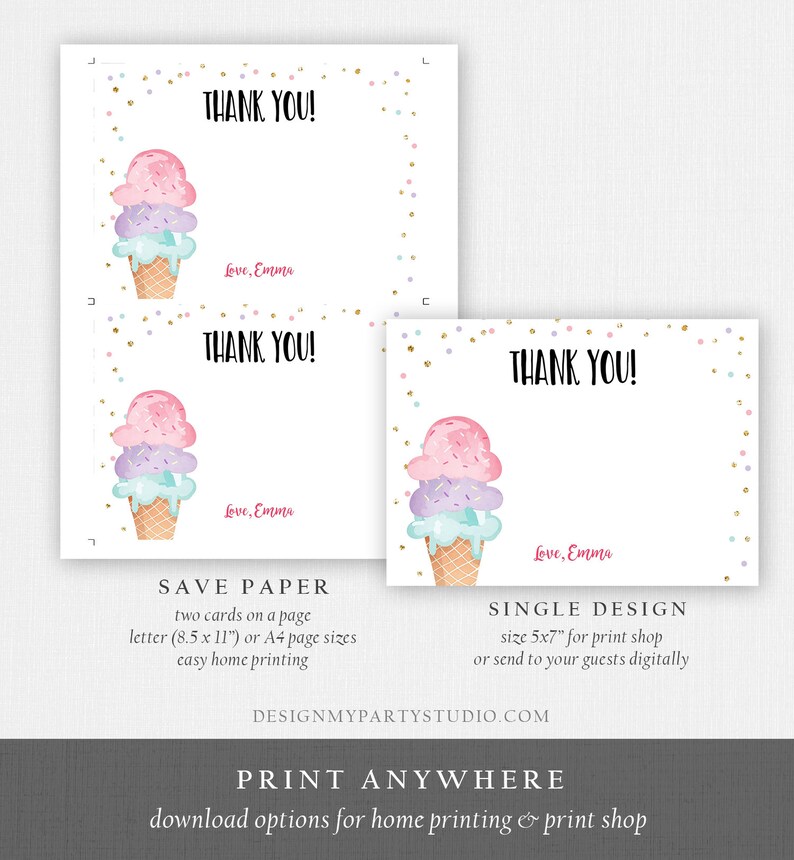 Editable Ice Cream Thank You Card Ice Cream Birthday Thank You Note ...