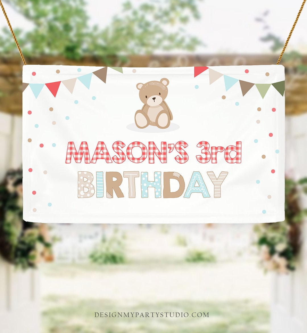 Editable Teddy Bear Birthday Backdrop Banner Teddy Bear Picnic Birthday ...