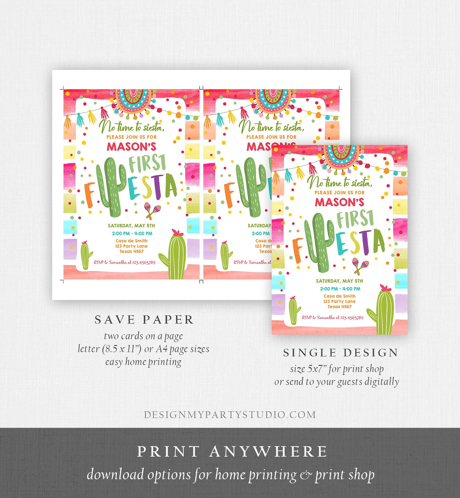 Editable Fiesta Birthday Invitation Cactus Succulent Mexican Party Boy ...