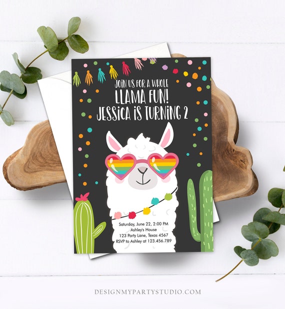 Editable Whole Llama Fun Birthday Invitation Fiesta Llama Cactus ...
