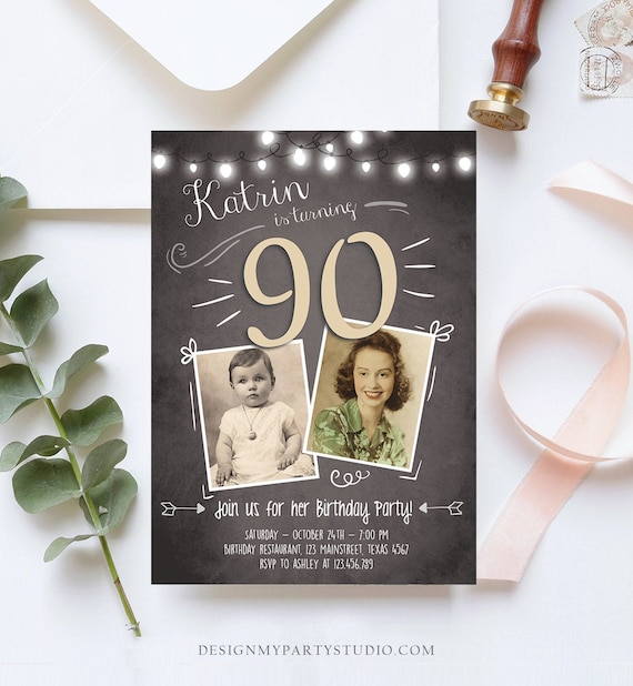Editable ANY AGE 90th Birthday Invitation Chalkboard Rustic Adult ...