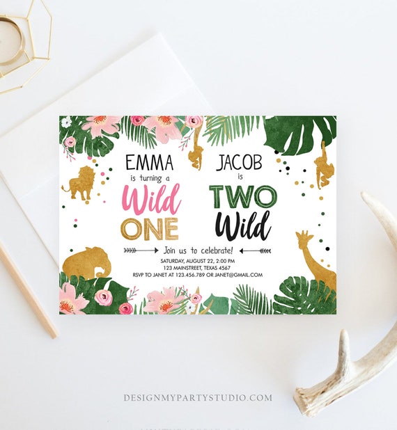 Editable Wild One Two Wild Birthday Invitation Safari Animals Boy Girl ...