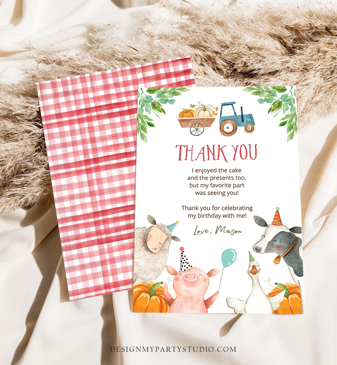 Editable Farm Animals Thank You Card Pumpkin Boy Red Gingham - Etsy