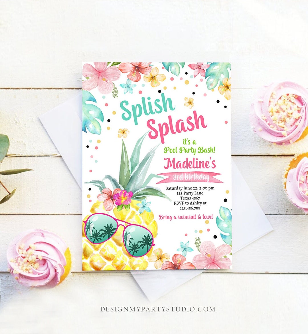 Editable Splish Splash Birthday Party Invitation Pineapple Birthday Pool Party Pineapple Pink ...