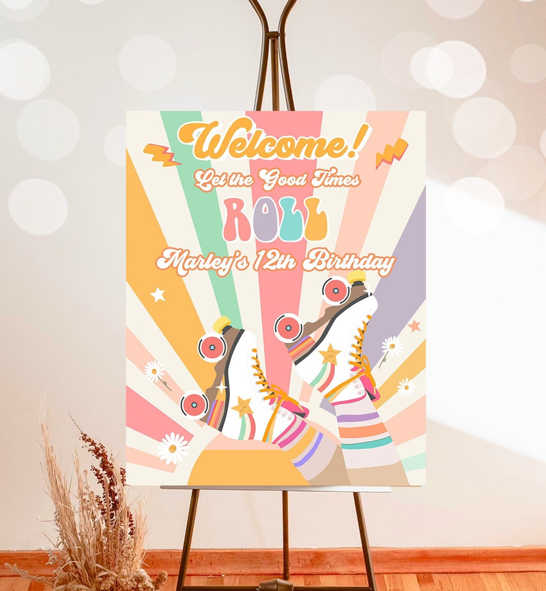 Editable Roller Skate Birthday Welcome Sign Retro Skating Birthday Girl ...