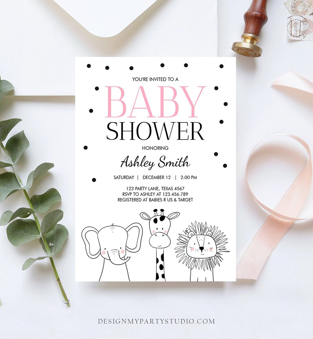 Editable Baby Shower Invitation Animals Cute Safari Animal Zoo Jungle ...