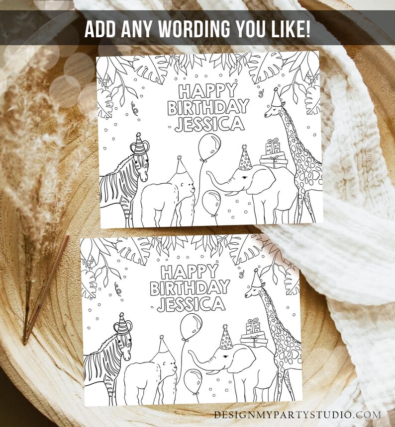 Editable Coloring Page Safari Animal Birthday Party Activity Game Wild ...