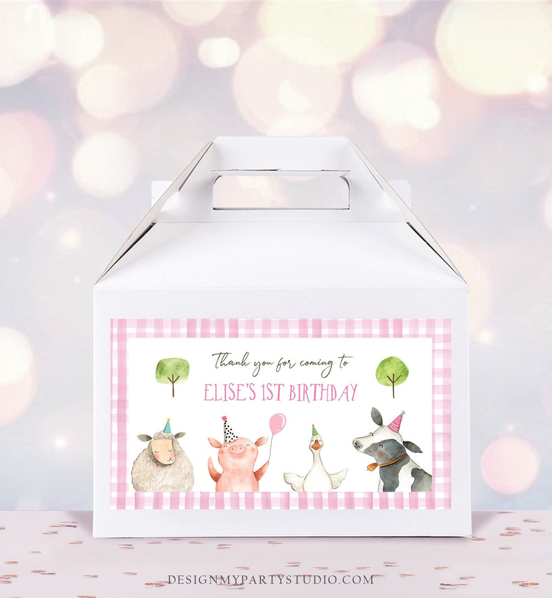 Farm Animals Gable Gift Box Label Pink Farm Birthday Girl Treat Box ...