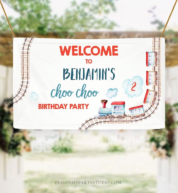Editable Train Birthday Backdrop Banner Train Party Railroad Vintage ...