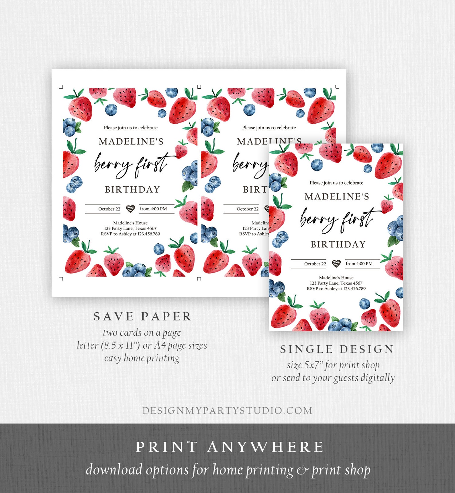 Editable Berry Sweet Birthday Invitation Blueberry Strawberry - Etsy