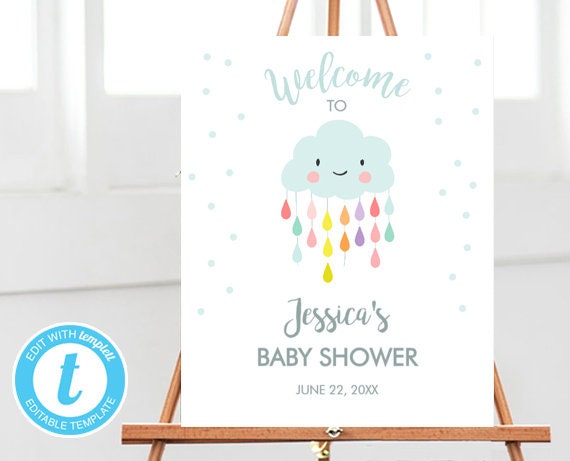 Cloud Welcome Sign Baby Shower Welcome Baby Sprinkle Raindrops Rain ...