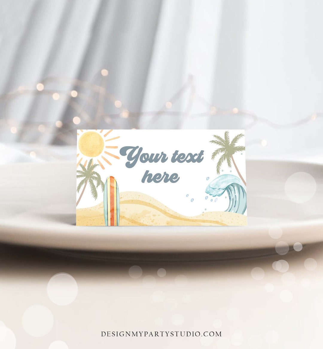 Editable Surf Food Labels Surfboard Birthday Place Card Tent Card ...