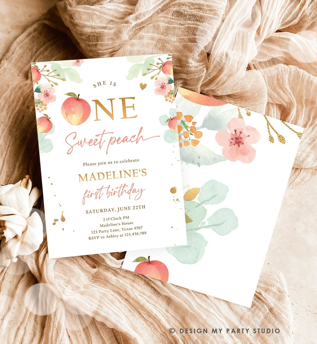 Editable One Sweet Peach First Birthday Invitation 1st Birthday Sweet ...