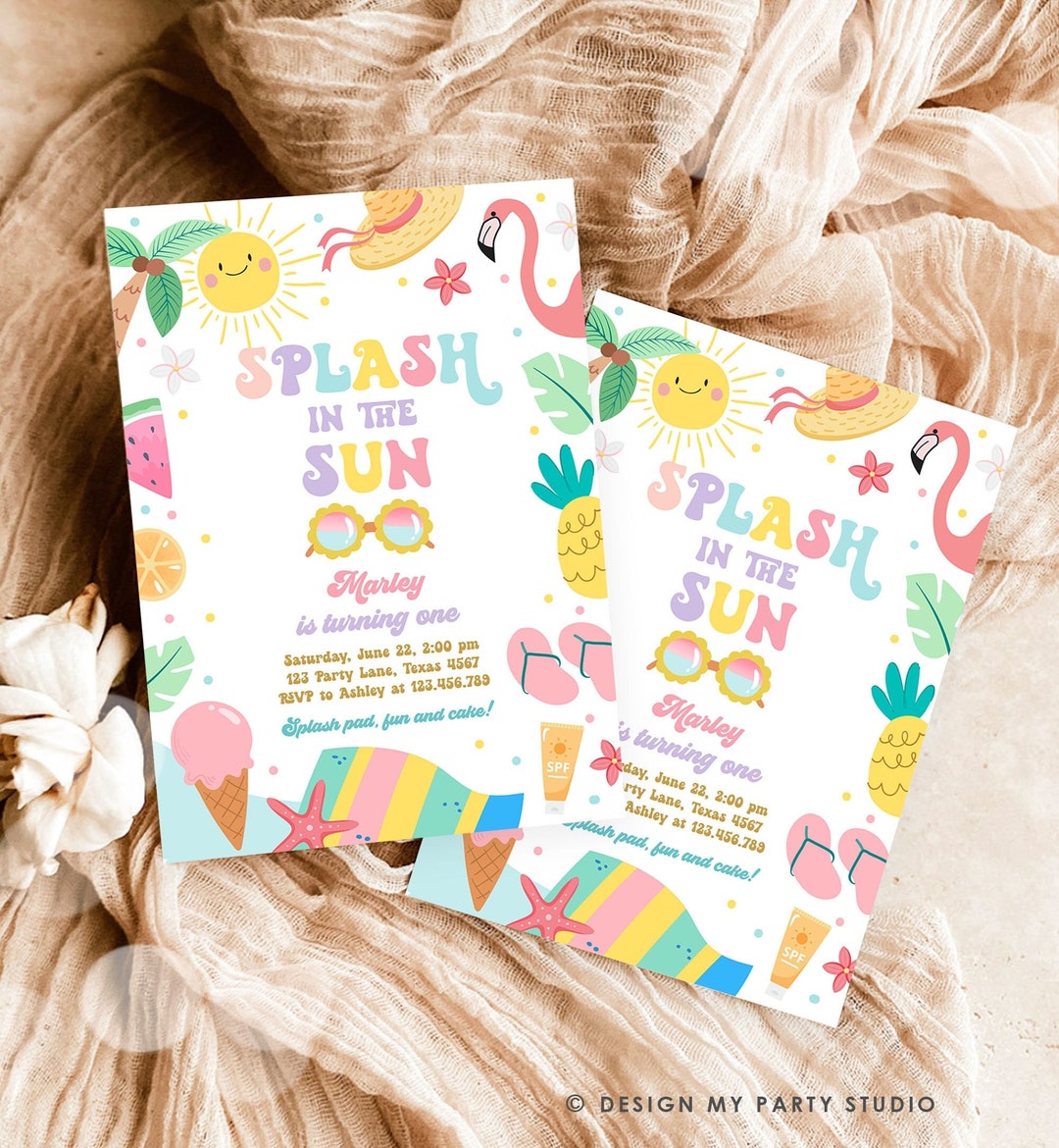 Editable Splash in the Sun 1st Birthday Invitation Pool Party Girl ...