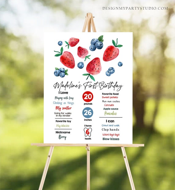 Editable Berry First Birthday Milestones Sign Strawberry Blueberry ...