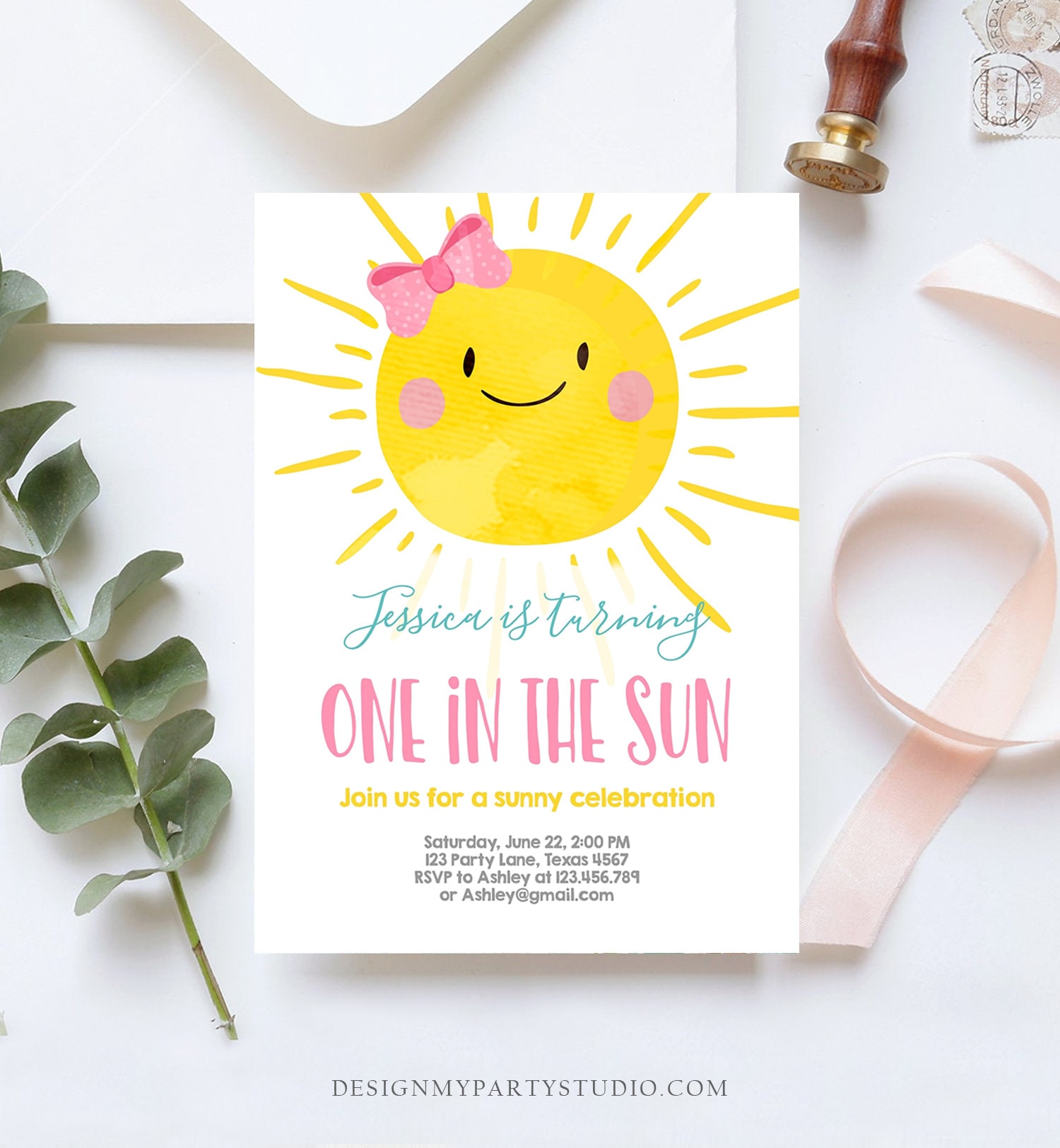 Editable One in the Sun Sunshine Birthday Invitation Summer Sunshine ...