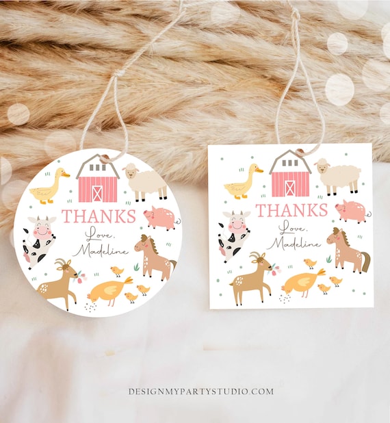 Editable Pink Farm Animals Thank you Tags Girl Birthday Barnyard ...