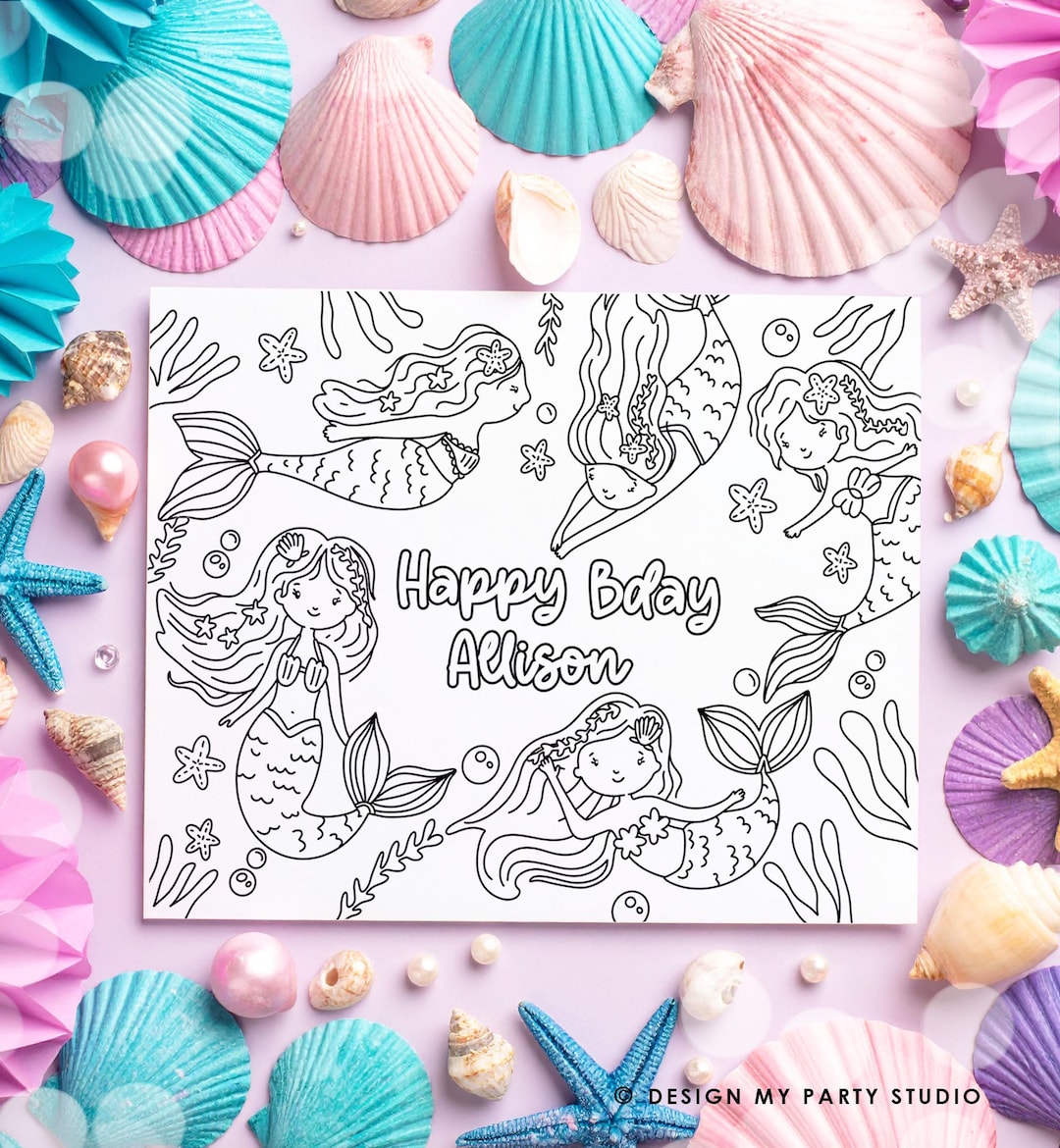 Editable Coloring Page Mermaid Birthday Party Activity Game Summer ...