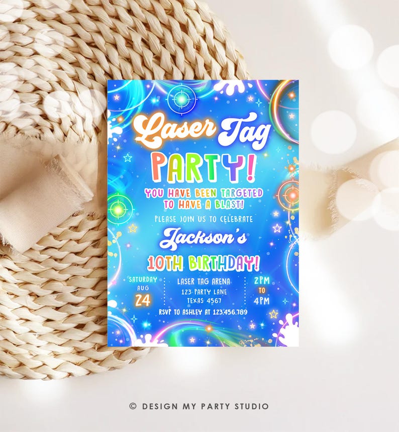 Editable Laser Tag Birthday Invitation Boy Game Gamer Level up Neon ...