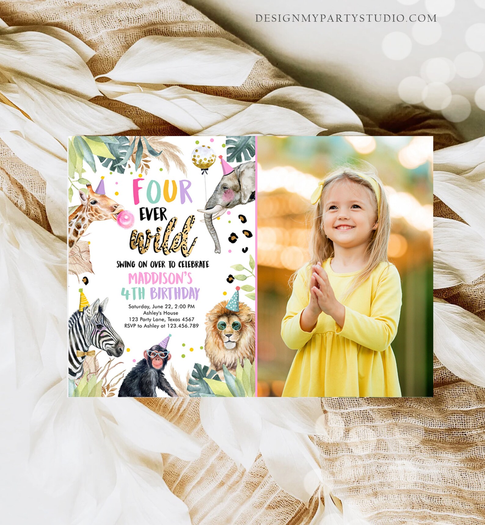 Editable Four Ever Wild Birthday Invitation Leopard Safari Animals Zoo ...