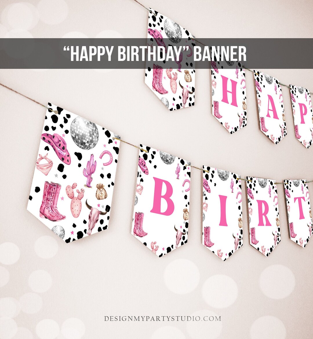 Happy Birthday Banner Pink Cowgirl Birthday Banner Disco Cowgirl ...