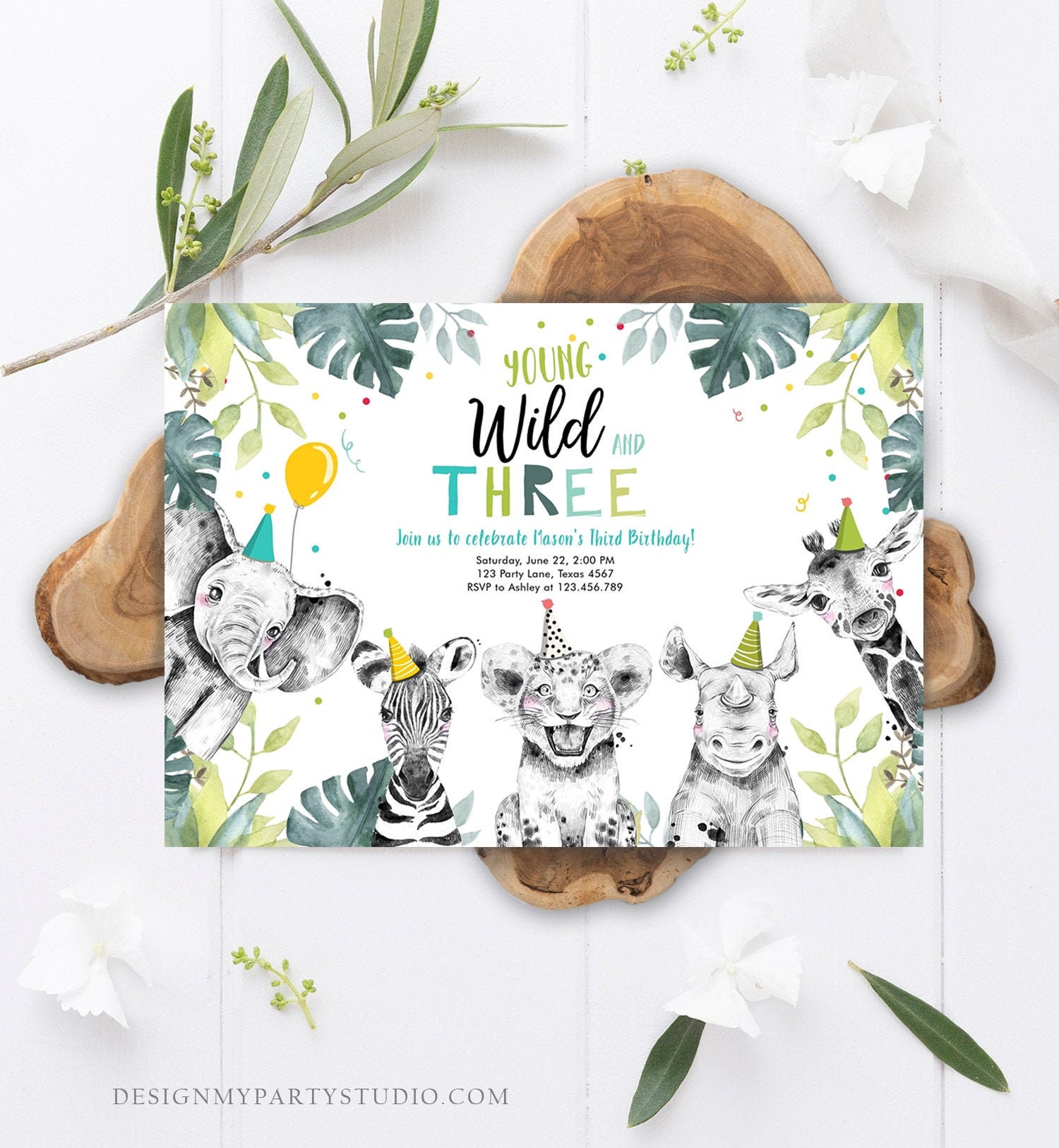Editable Young Wild and Three Invitation Boy Safari Animals | Etsy