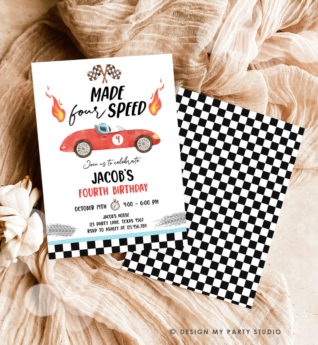 Editable Made Four Speed Race Car 4th Birthday Invitation Boy Red ...