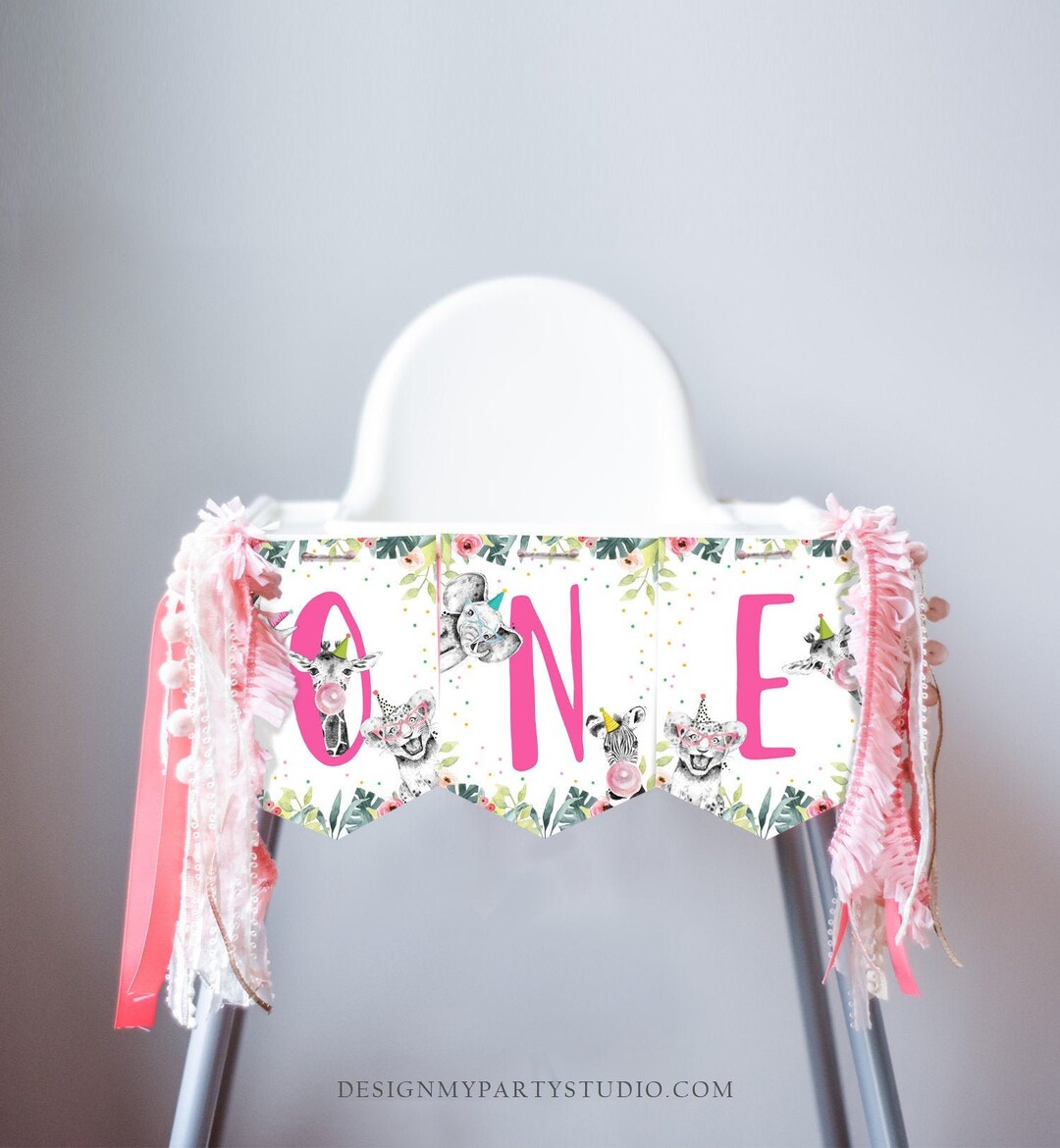 High Chair Banner Safari Animals Pink Party Animals Wild One Birthday ...
