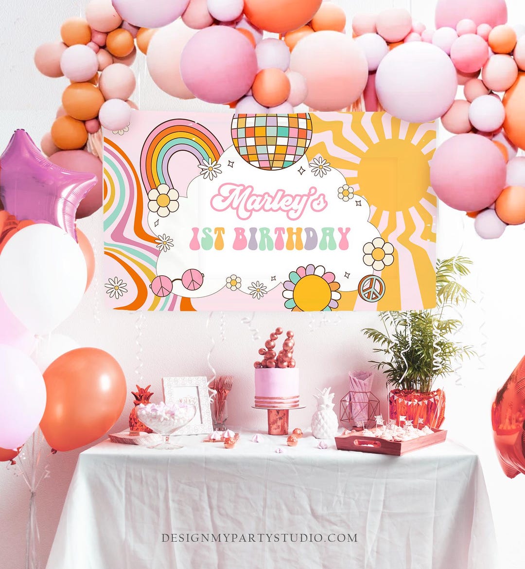 Editable Retro Doodle Birthday Backdrop Two Groovy Girl Retro Groovy ...